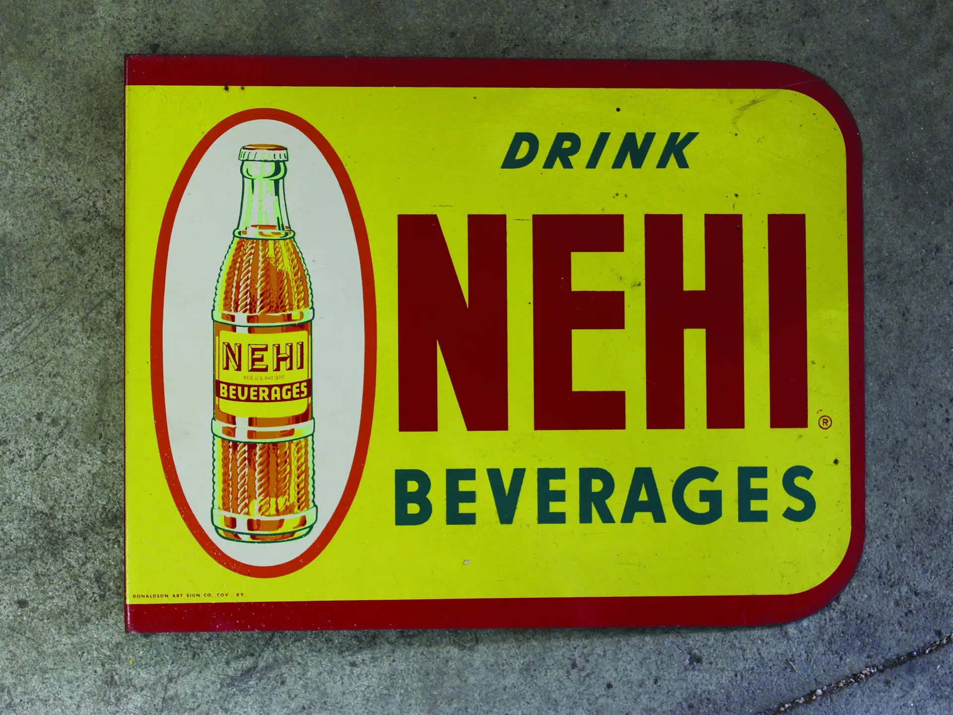 "Drink Nehi beverages," double-sided, tin painted, flange sign | Auburn ...