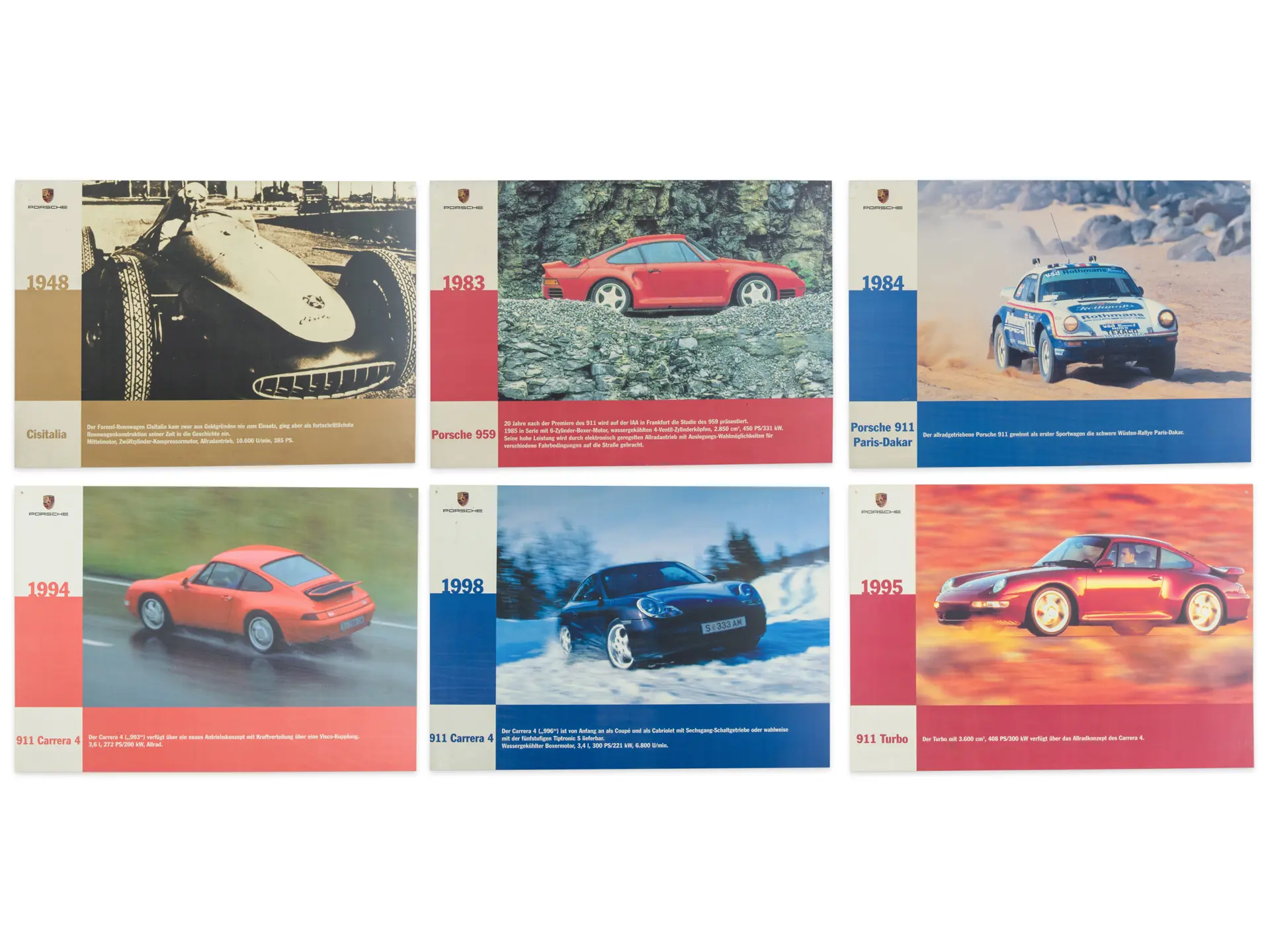 Six Porsche Model Advertisements on Posterboard; Including Paris-Dakar ...