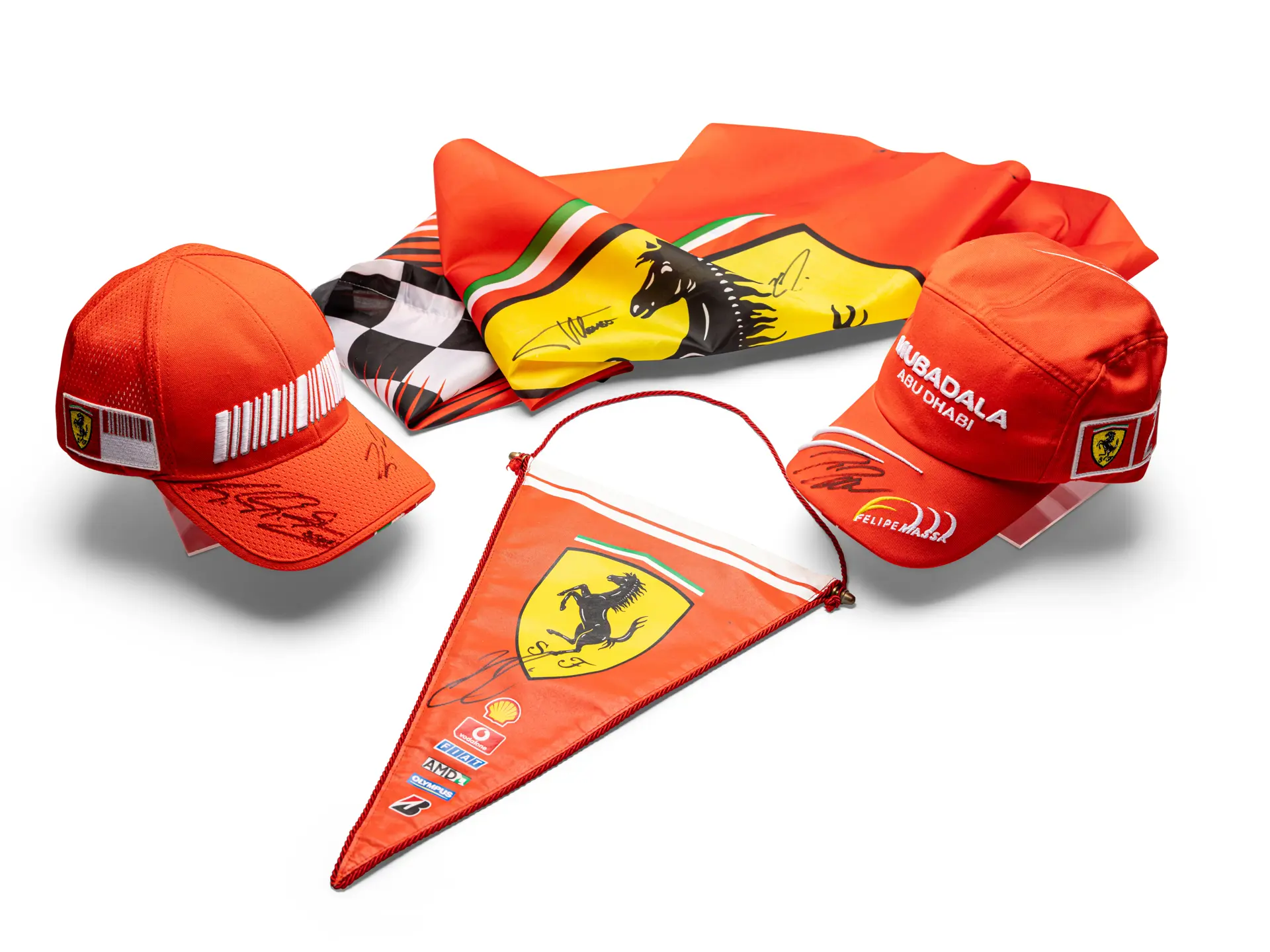 Two Scuderia Ferrari Formula 1 Puma Caps, Signed Cards, Flag and ...