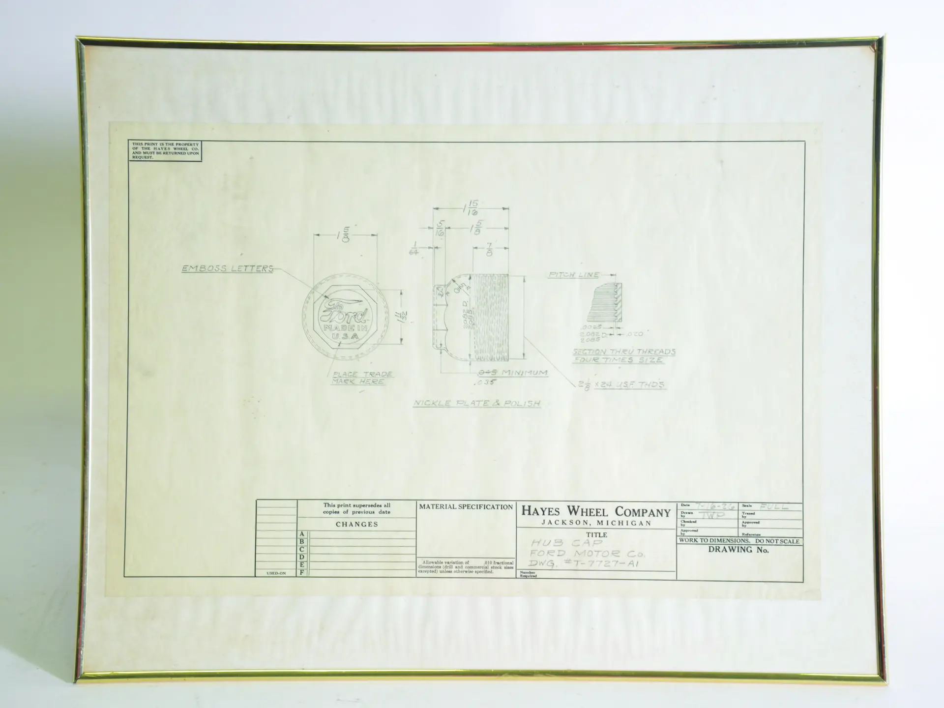 An original Hayes Wheel Company hubcap line drawing, Ford Motor Company ...