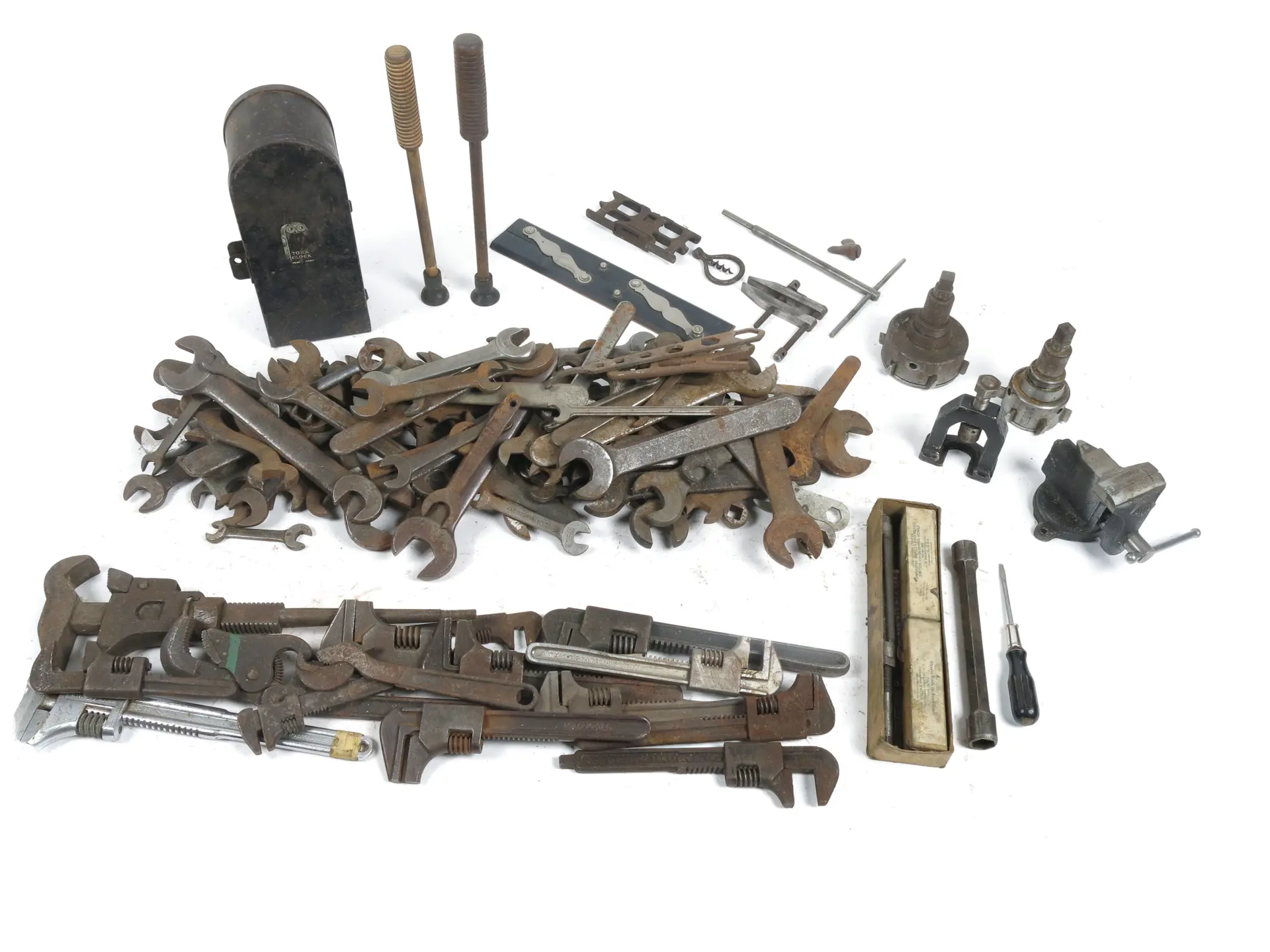 (3) Boxes Antique Wrenches, Tork Clock, Timer and Small Vise | Auburn ...