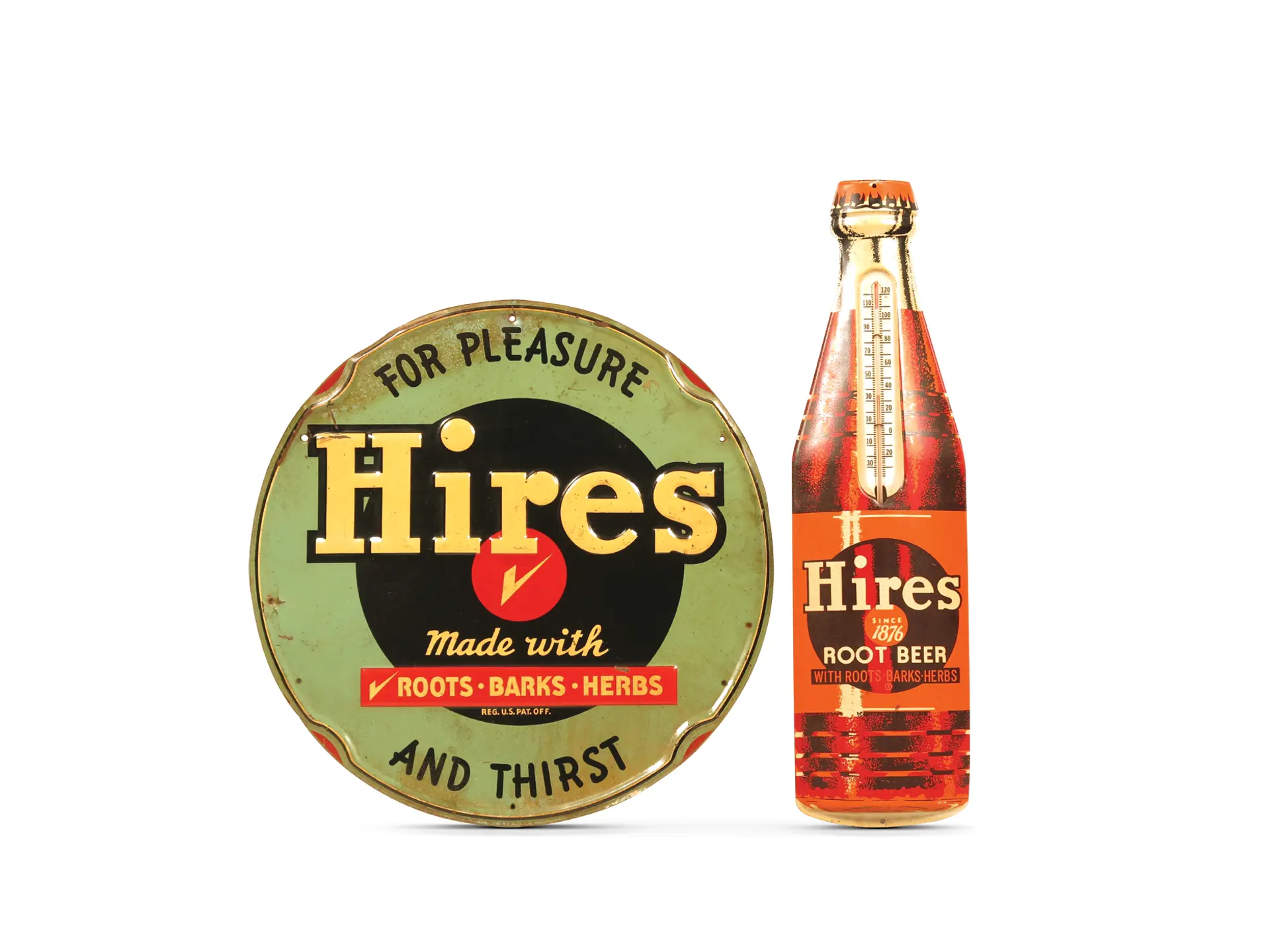 Hires Root Beer Round Tin Sign and Die-Cut Tin Thermometer | Auburn ...