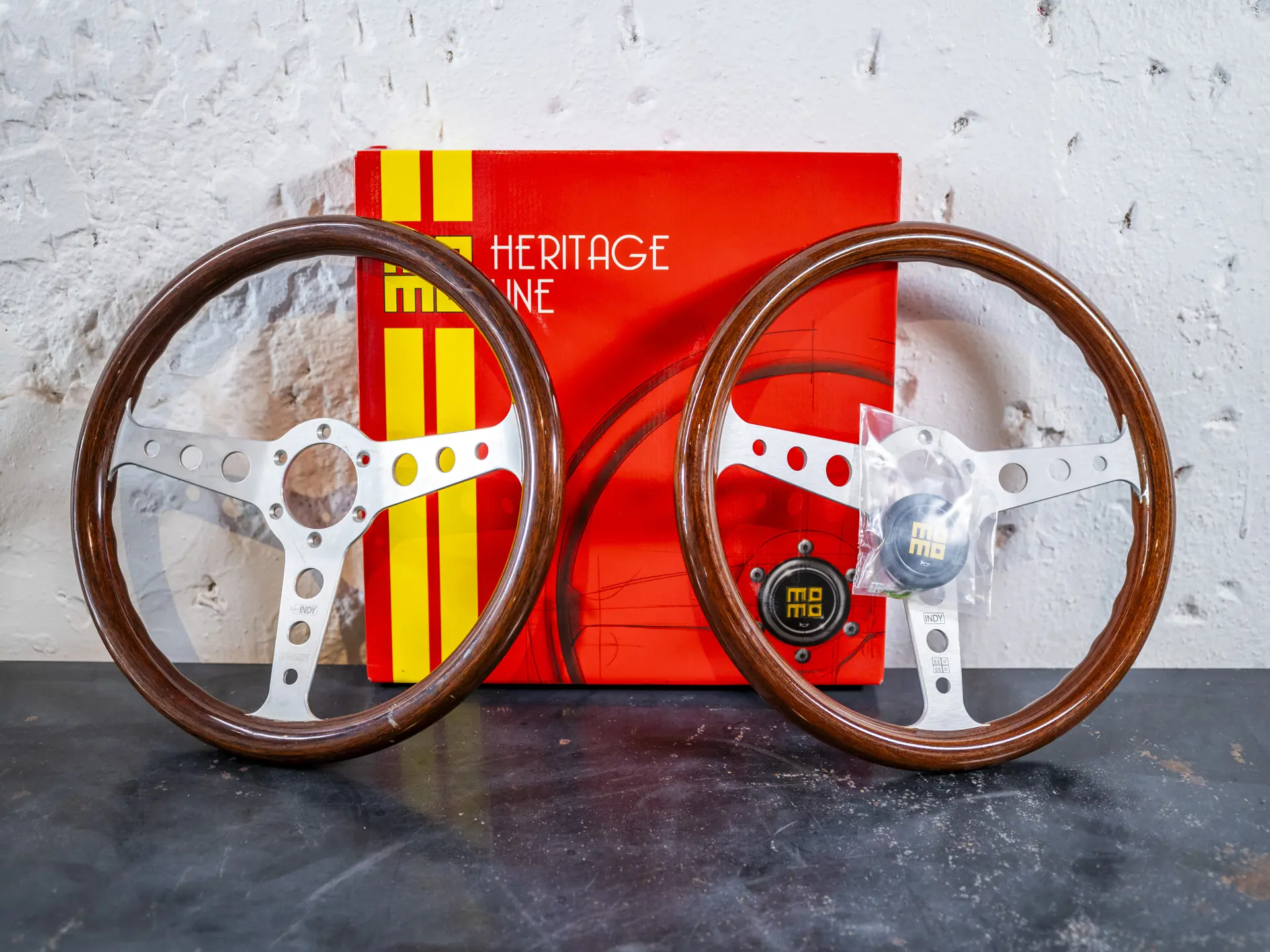 Two MOMO Indy Wood Rimmed Steering Wheels | Magnus Walker: The Outlaw ...