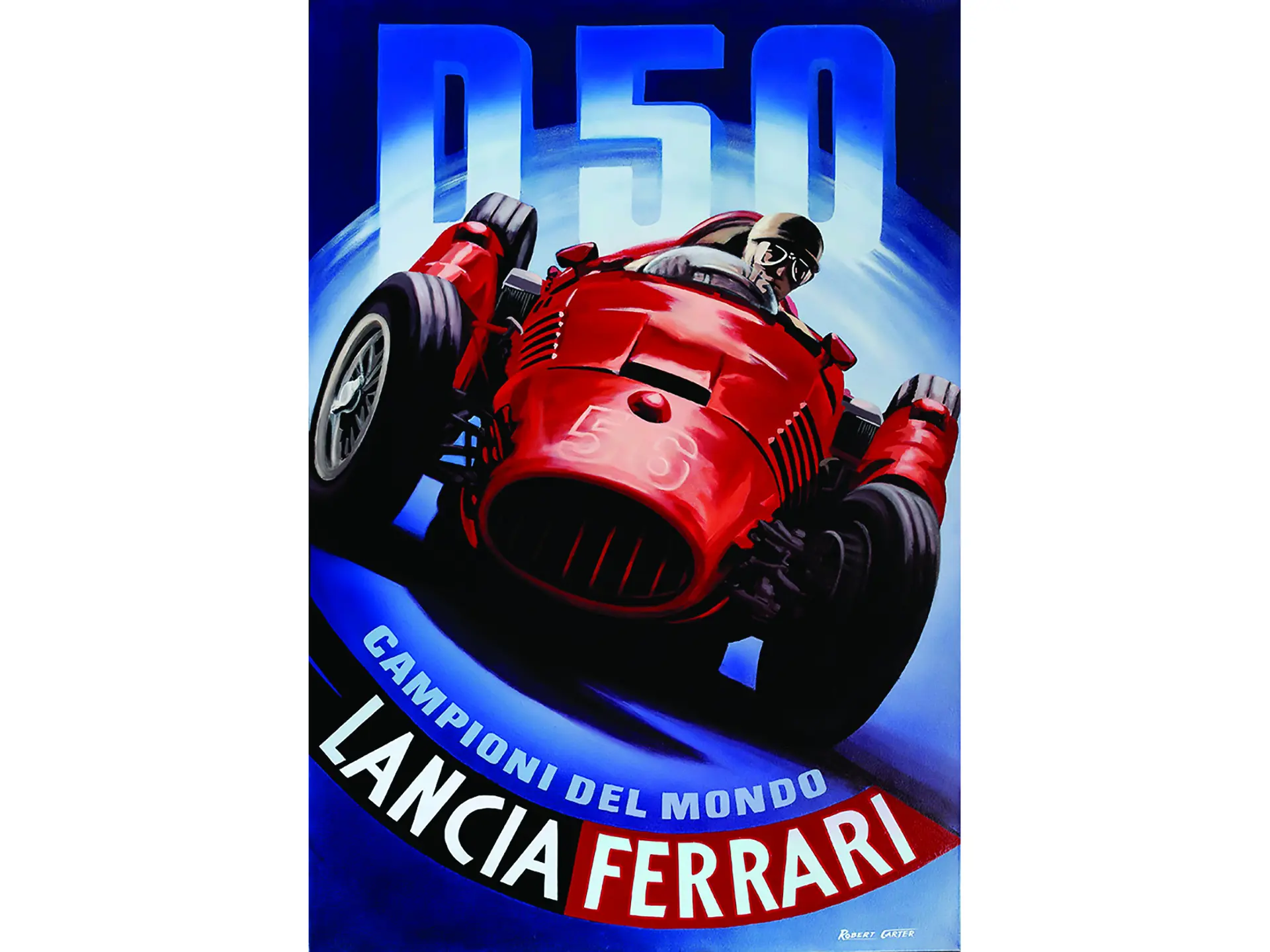 An original painting "Lancia Ferrari D50" by Robert Carter. 48 X 72ins ...