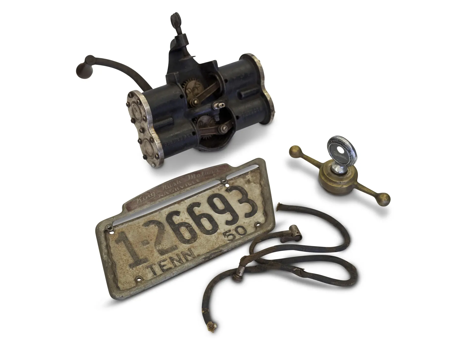 Running Board Tire Pump, Motometer, and Nash License Plate Frame ...