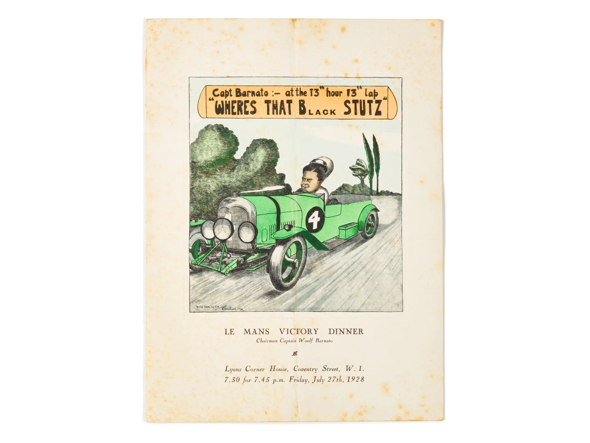 1928 Le Mans Victory Dinner Menu with 'Where's That Black Stutz ...