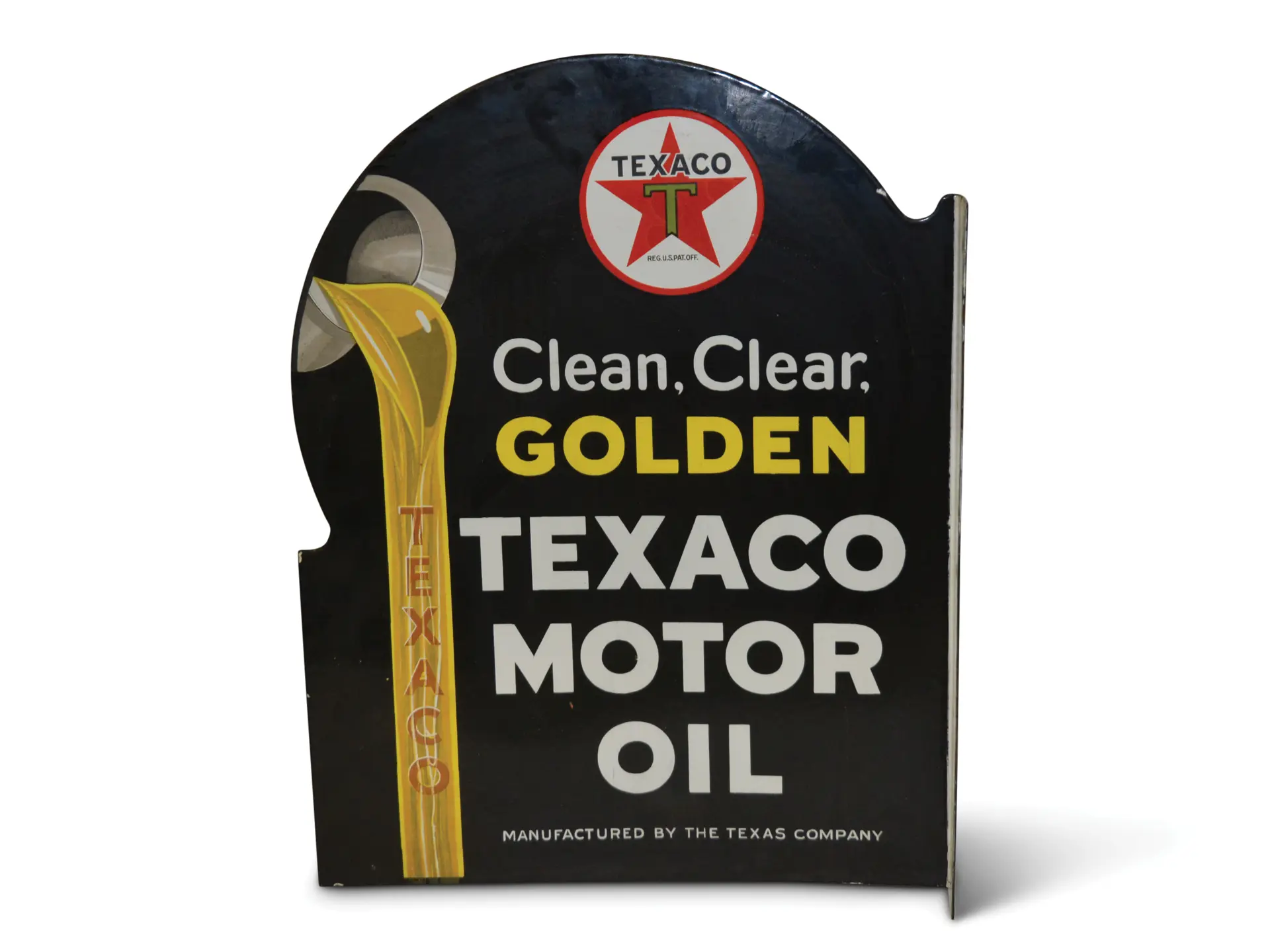 Texaco 'Black-T' "Clean, Clear, Golden" Porcelain Flange Sign | Auburn ...