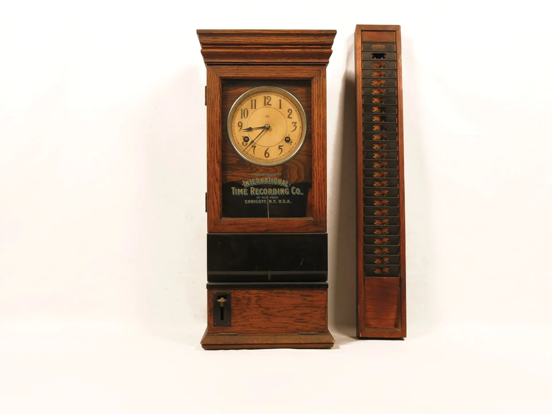 International Time Recording Co. Time Clock with Oak Case and Time Card ...