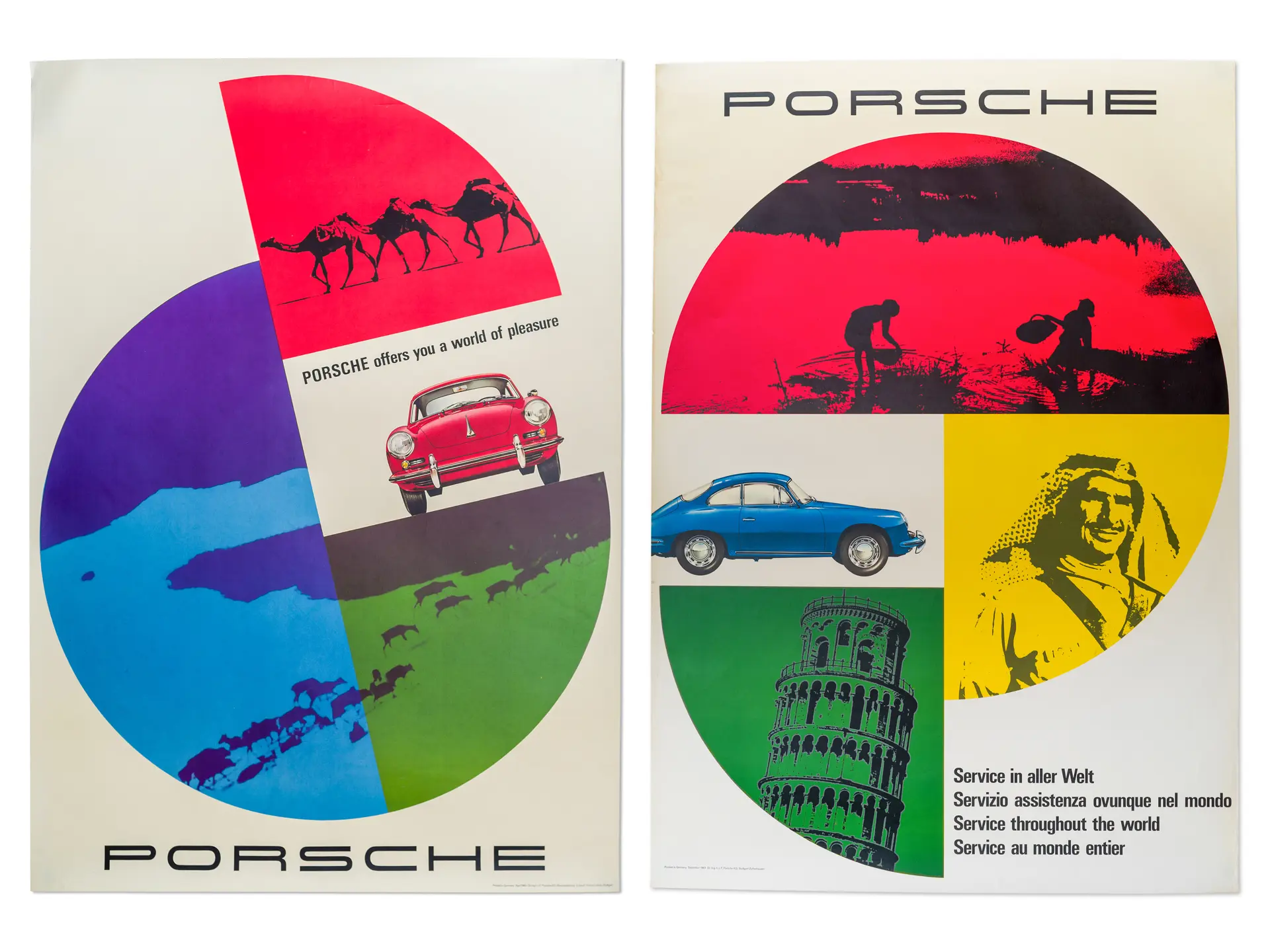 "Porsche offers you a world of pleasure" and "Service throughout the world" Advertising Posters ...