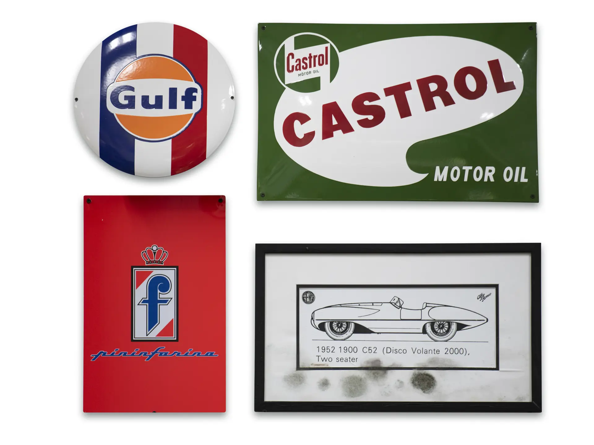 Gulf, Castrol, Pininfarina Tin Painted Signs, and Alfa Romeo Disco ...