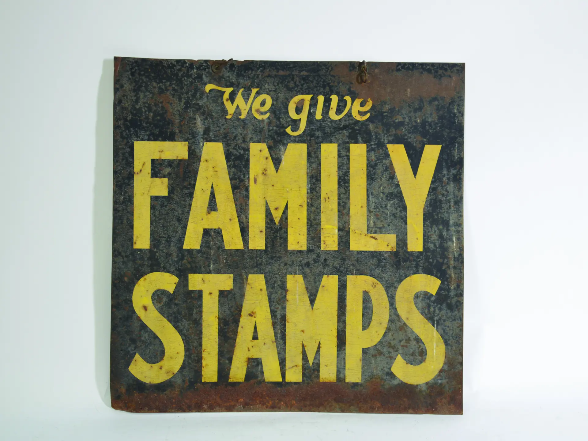 A double-sided, tin painted ‘Family Stamp’ sign. | Auburn Fall 2016 ...