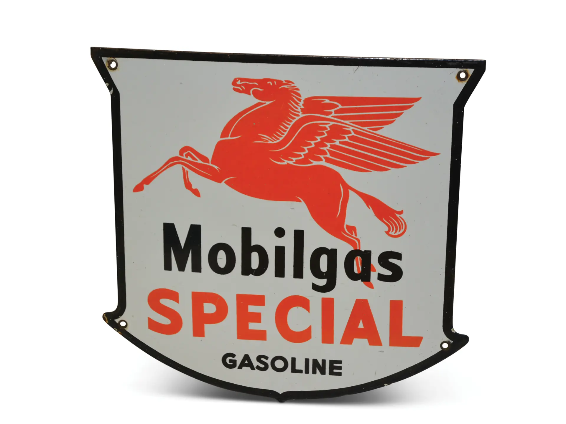 "Mobilgas Special Gasoline" with Drop-Leg Logo Porcelain Sign | Auburn ...