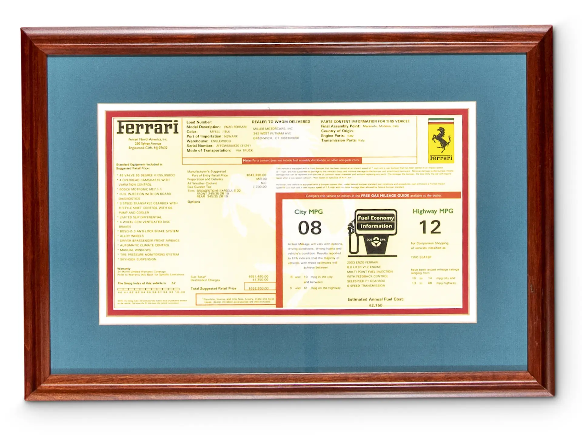 Ferrari Enzo Framed Window Sticker for Chassis No. ZFFCW56A830131241 ...
