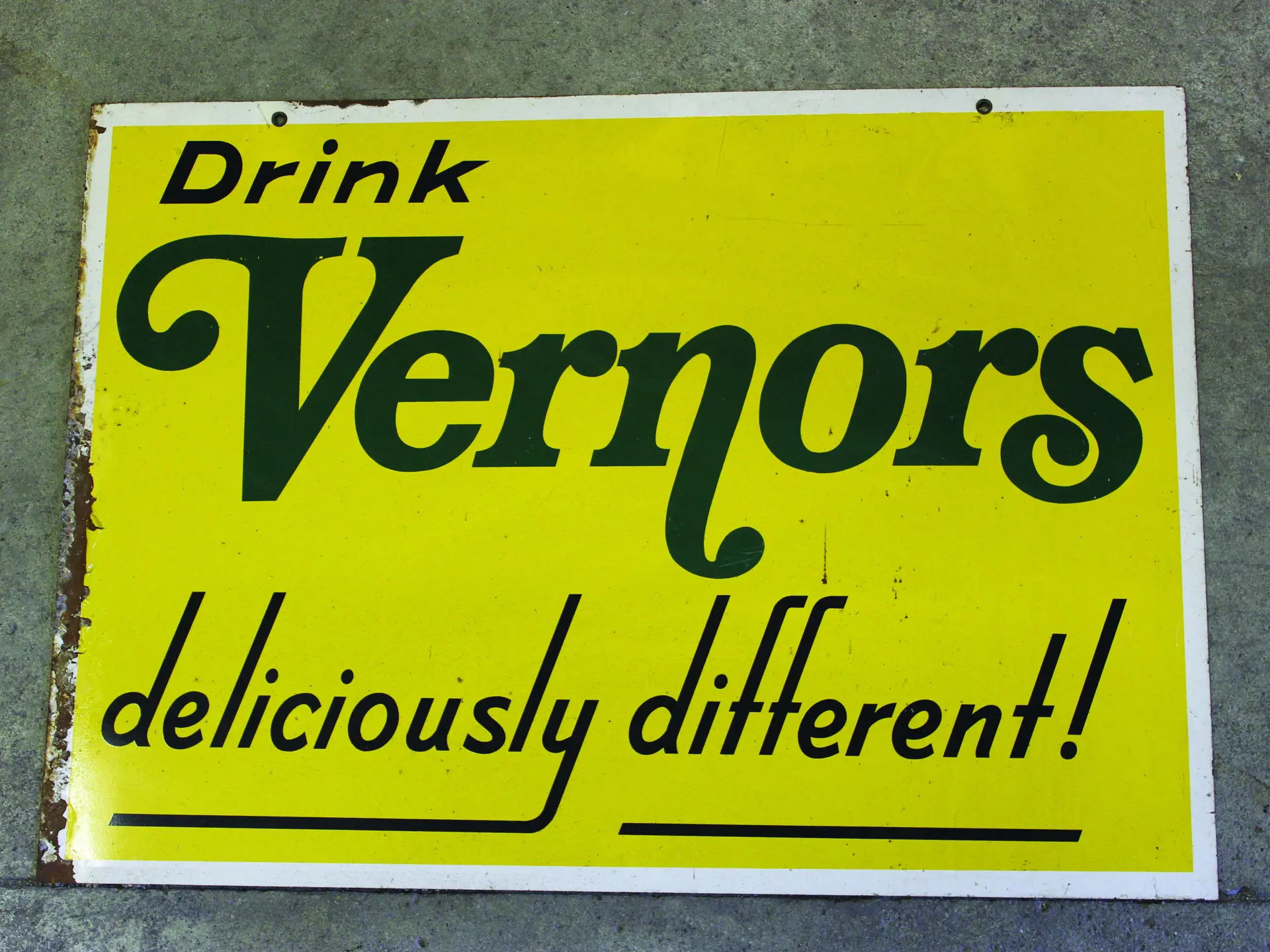 Double-sided, tin, painted, "Drink Vernors, deliciously different" sign ...