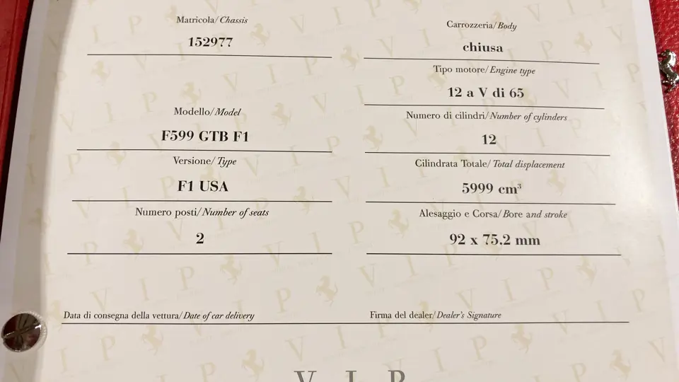 Ferrari F599 GTB F1 VIP (Vehicle Identification Passport) | The Cohen ...