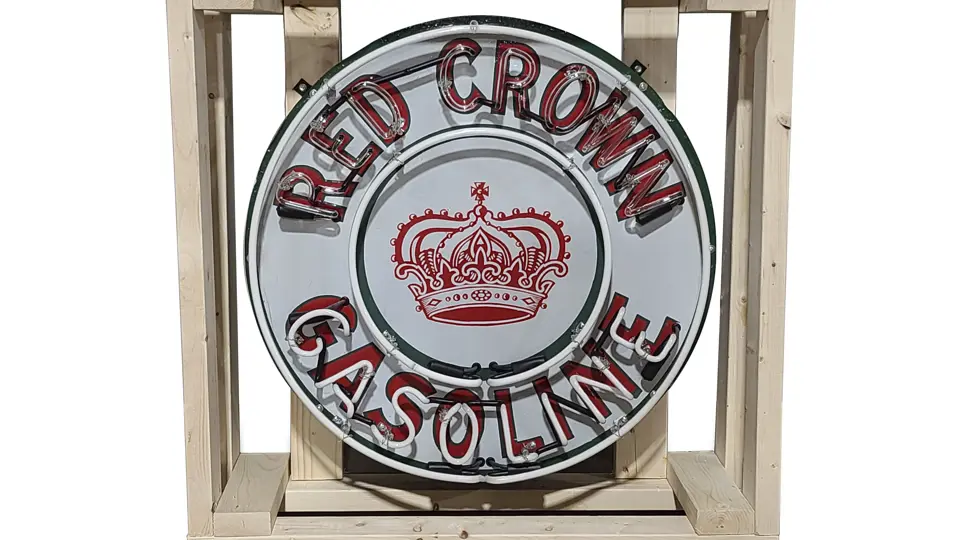 Red Crown Gasoline Neon Porcelain Sign | Handle with Fun | RM Sotheby's