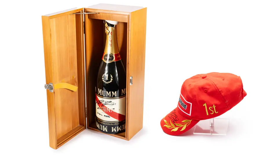 Jeroboam Mumm Formula 1 Signed Magnum with Display Case and Bridgestone ...