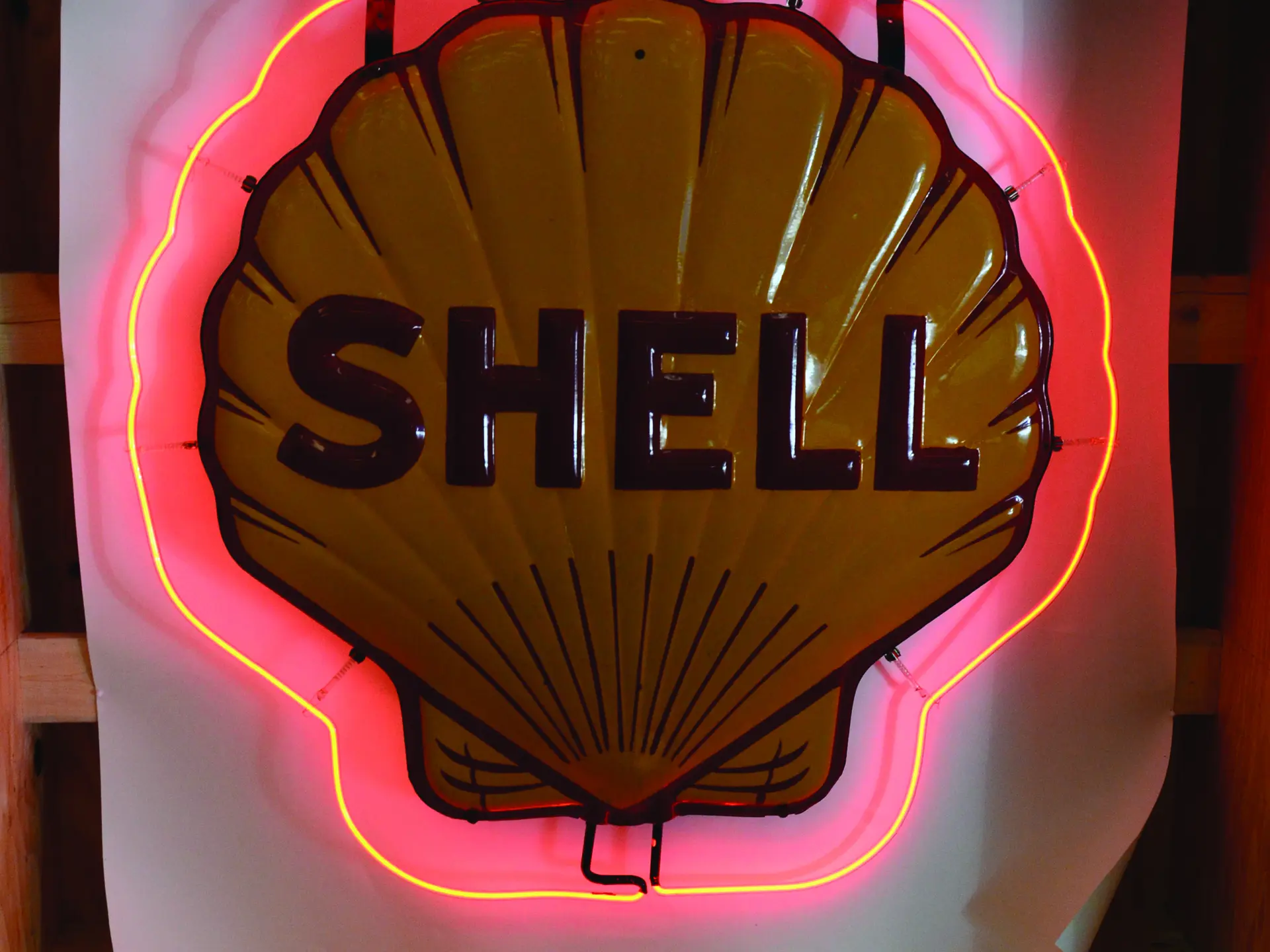 An expectional, Shell Oil, double-sided, neon, porcelain, clamshell ...
