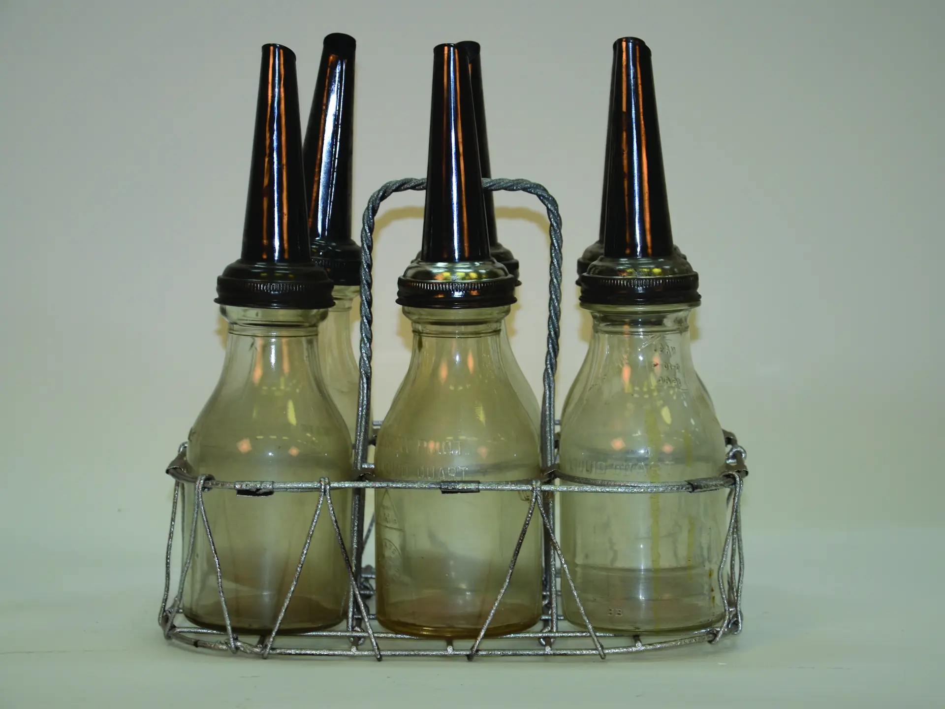 6 pack, one quart, oil bottle rack with bottles and toppers | Auburn ...