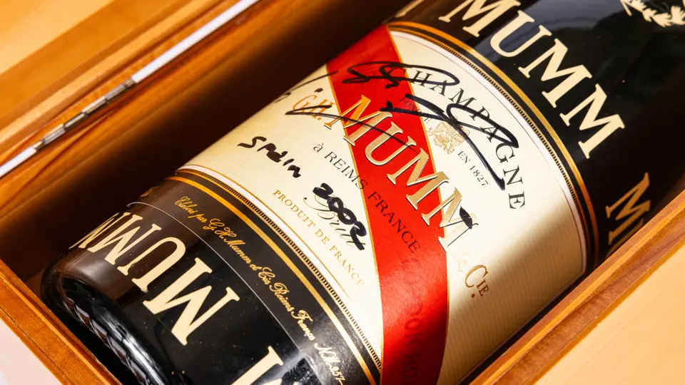 Jeroboam Mumm Formula 1 Signed Magnum with Display Case and Bridgestone ...