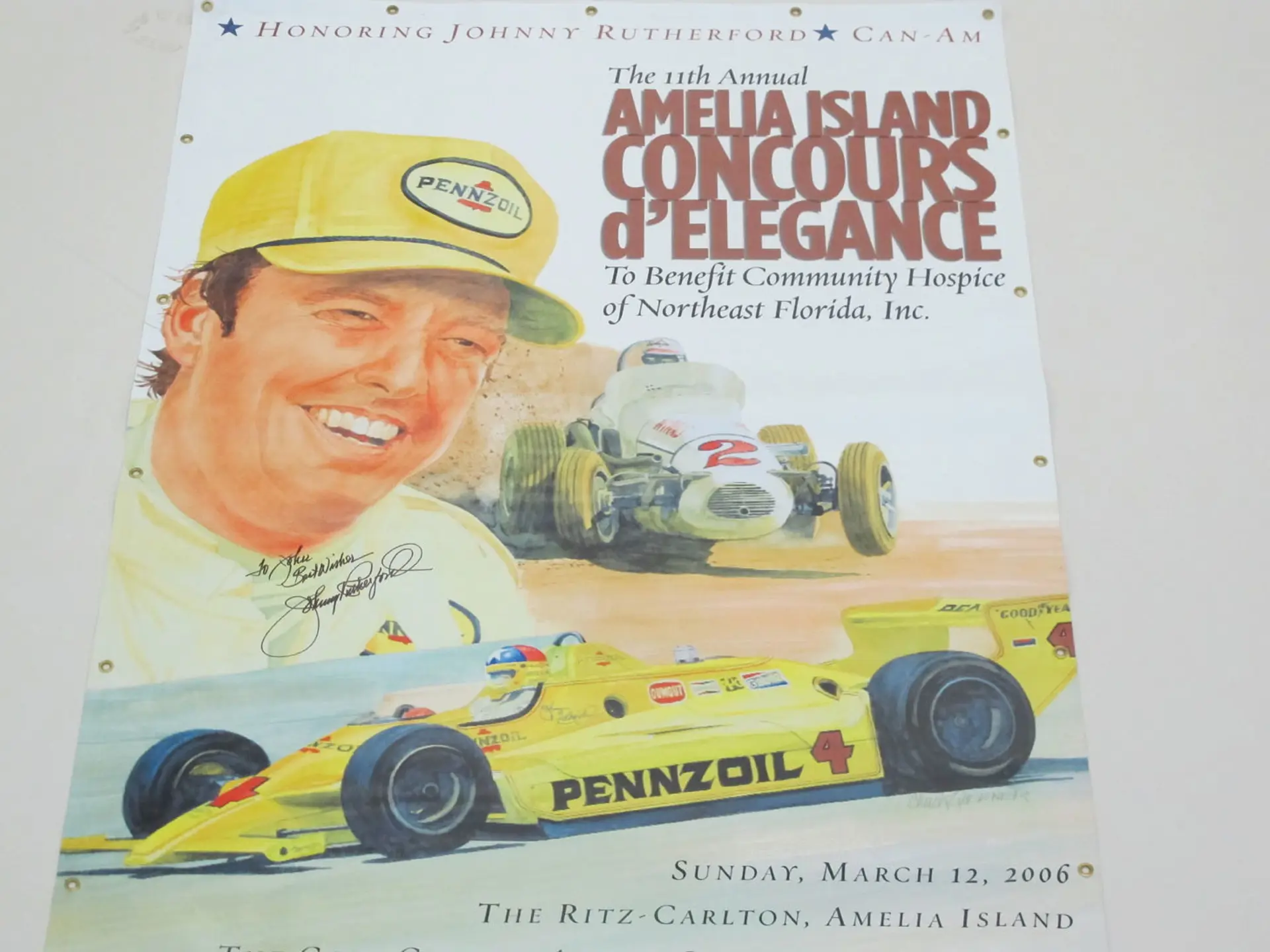 Johnny Rutherford Autographed Banner 48"x 48" and 3 Indy Posters ...