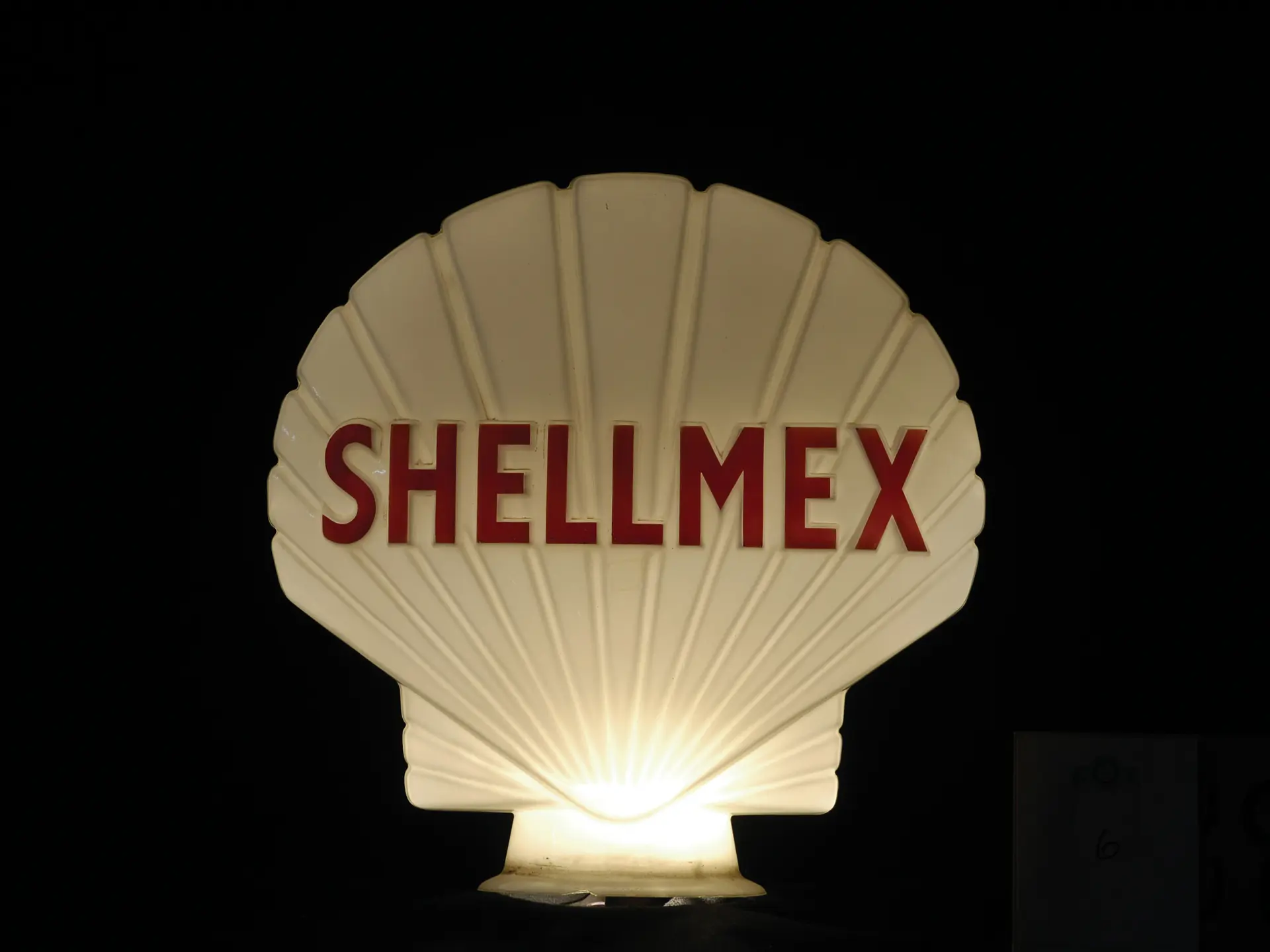 Shellmax gas globe, white milk glass with red lettering, clamshell ...