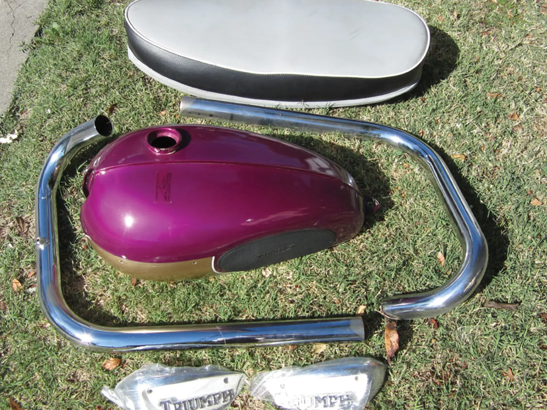 1967 Triumph Tank with Badges Straight Pipes and New Buddy Seat | Las ...
