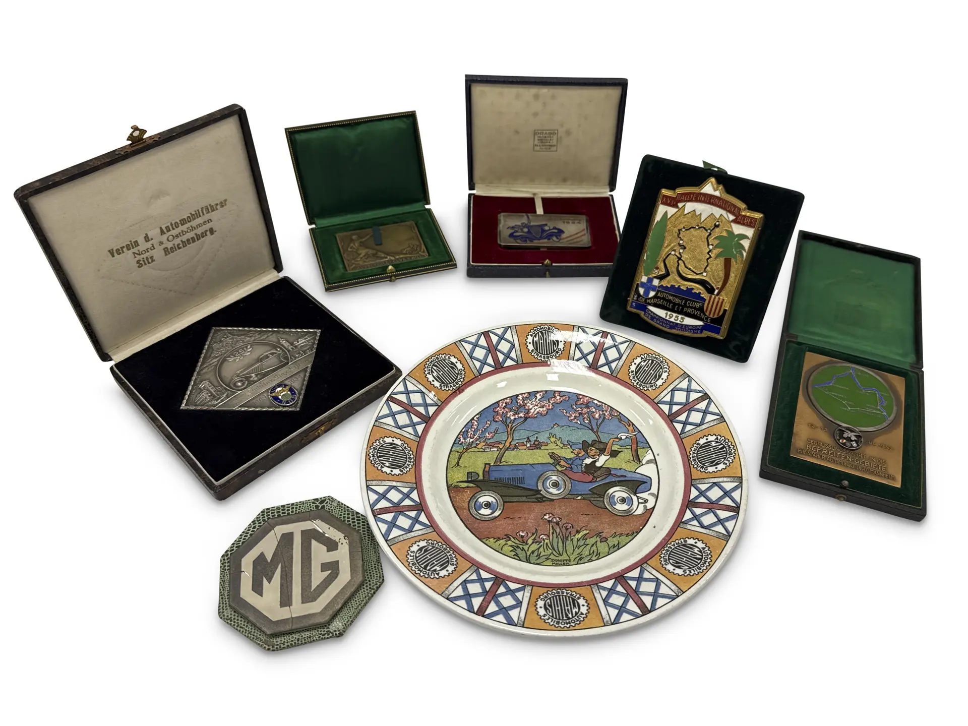 Six Automobile Club and Rally Badges and a Mathis Promotional Plate ...