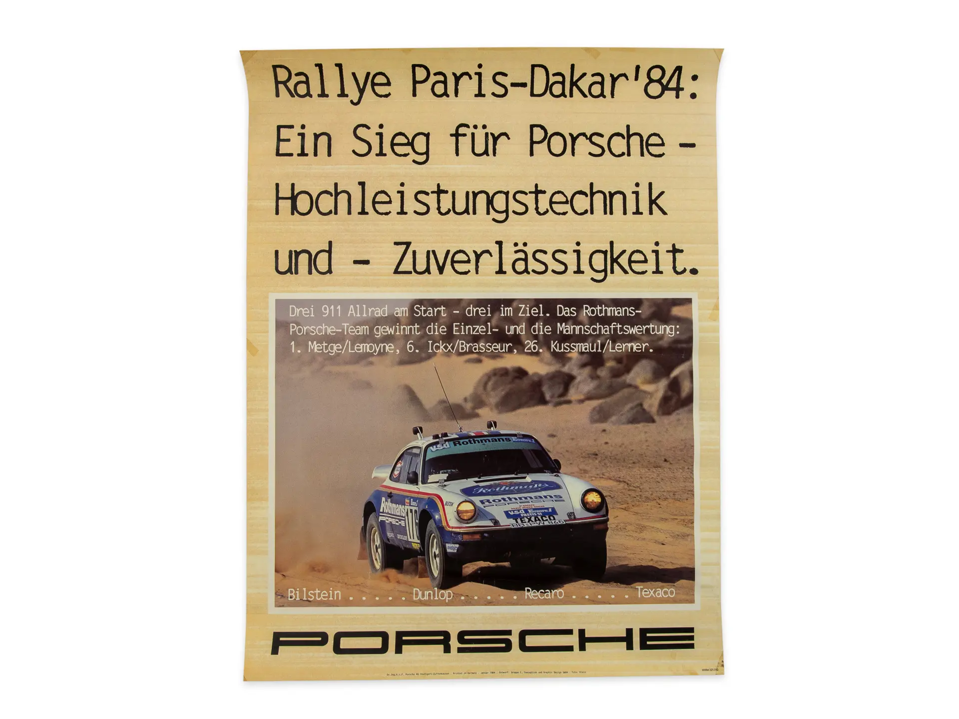 "Rallye Paris-Dakar ‘84" Porsche Racing Poster, German, 1984 | The ...