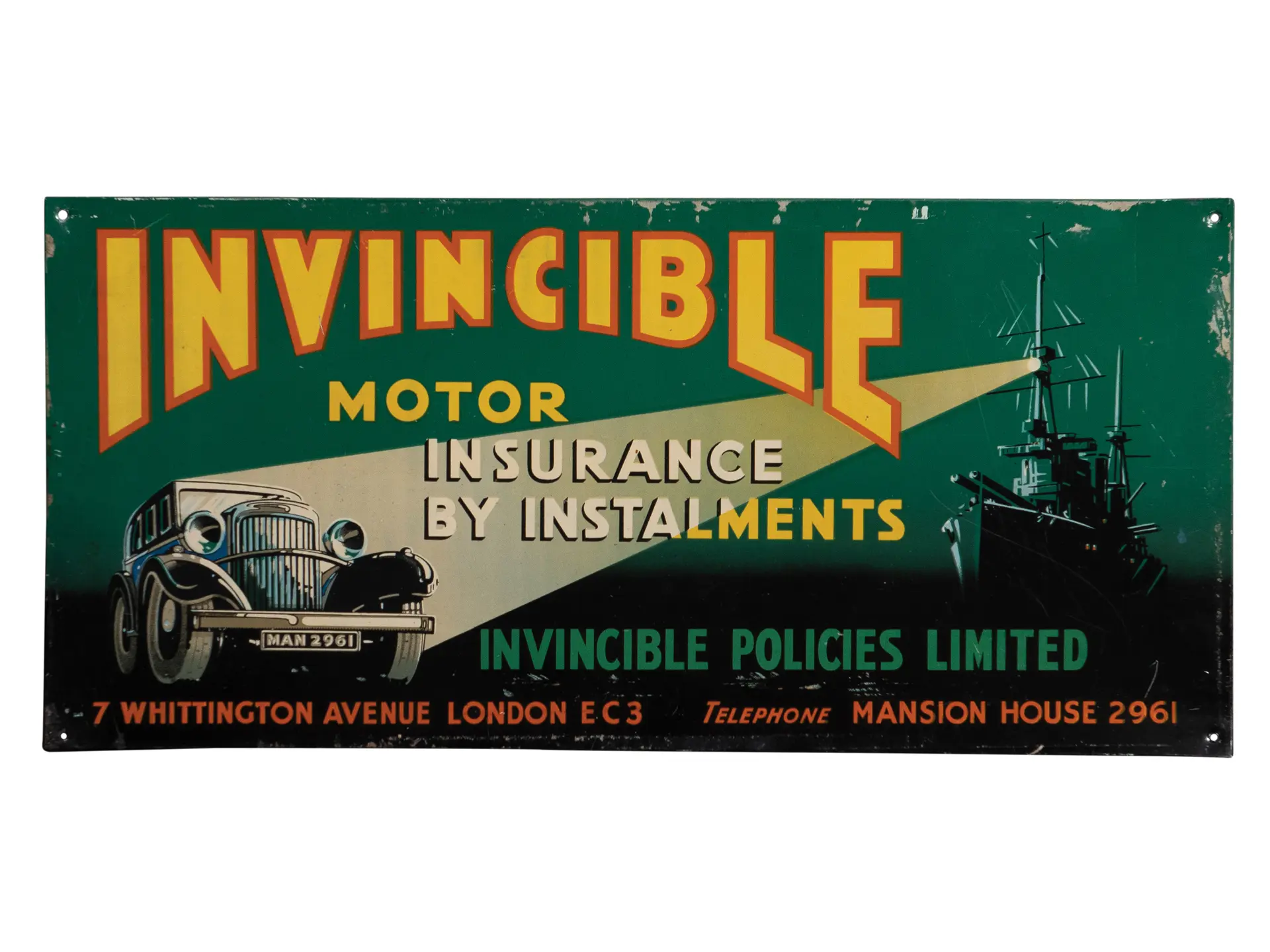 Invincible Motor Insurance Tin Sign | The Dingman Collection | RM Sotheby's