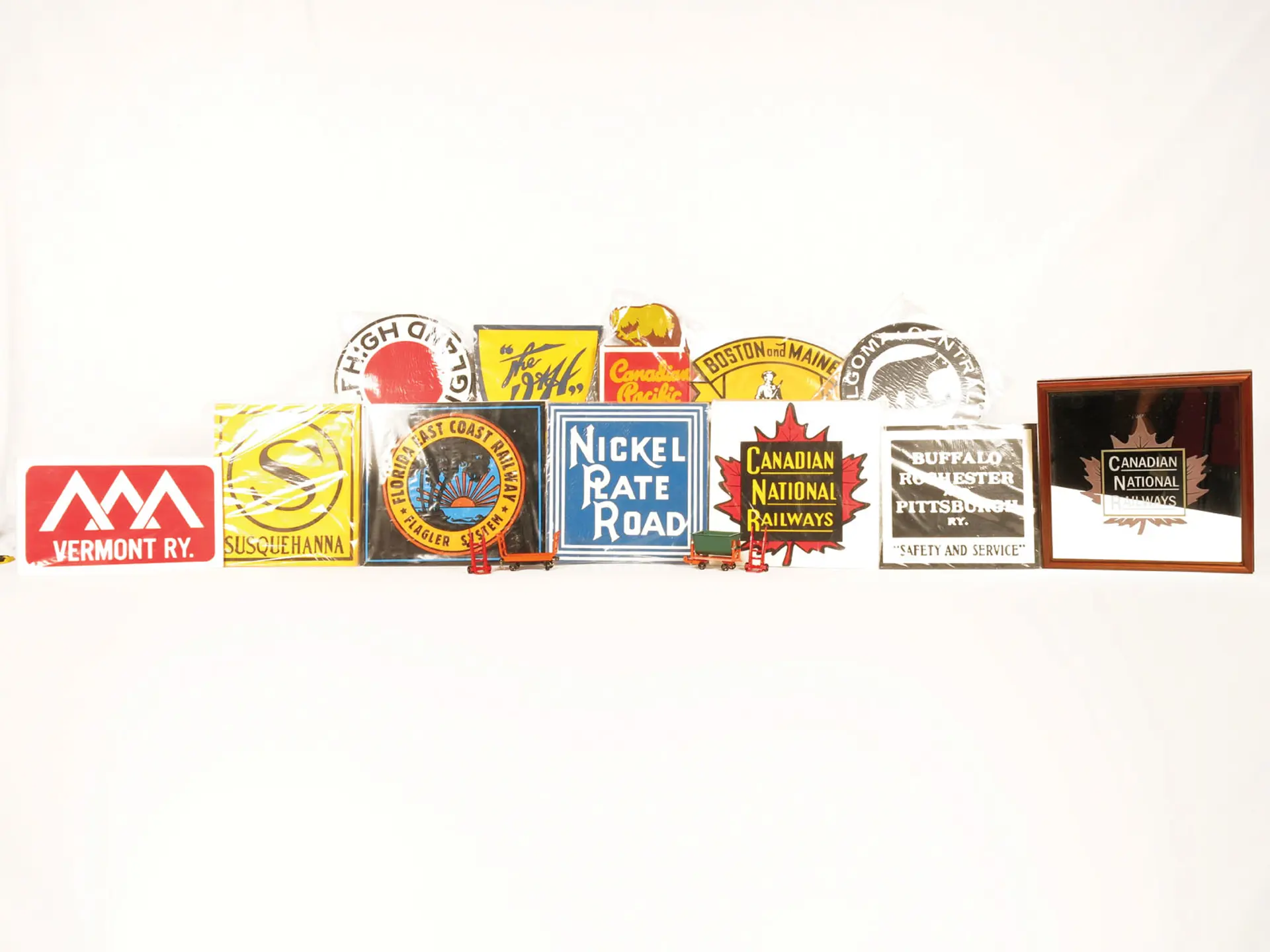 Assortment of Railroading Signs with Set of MTH R.R. Hand Carts ...