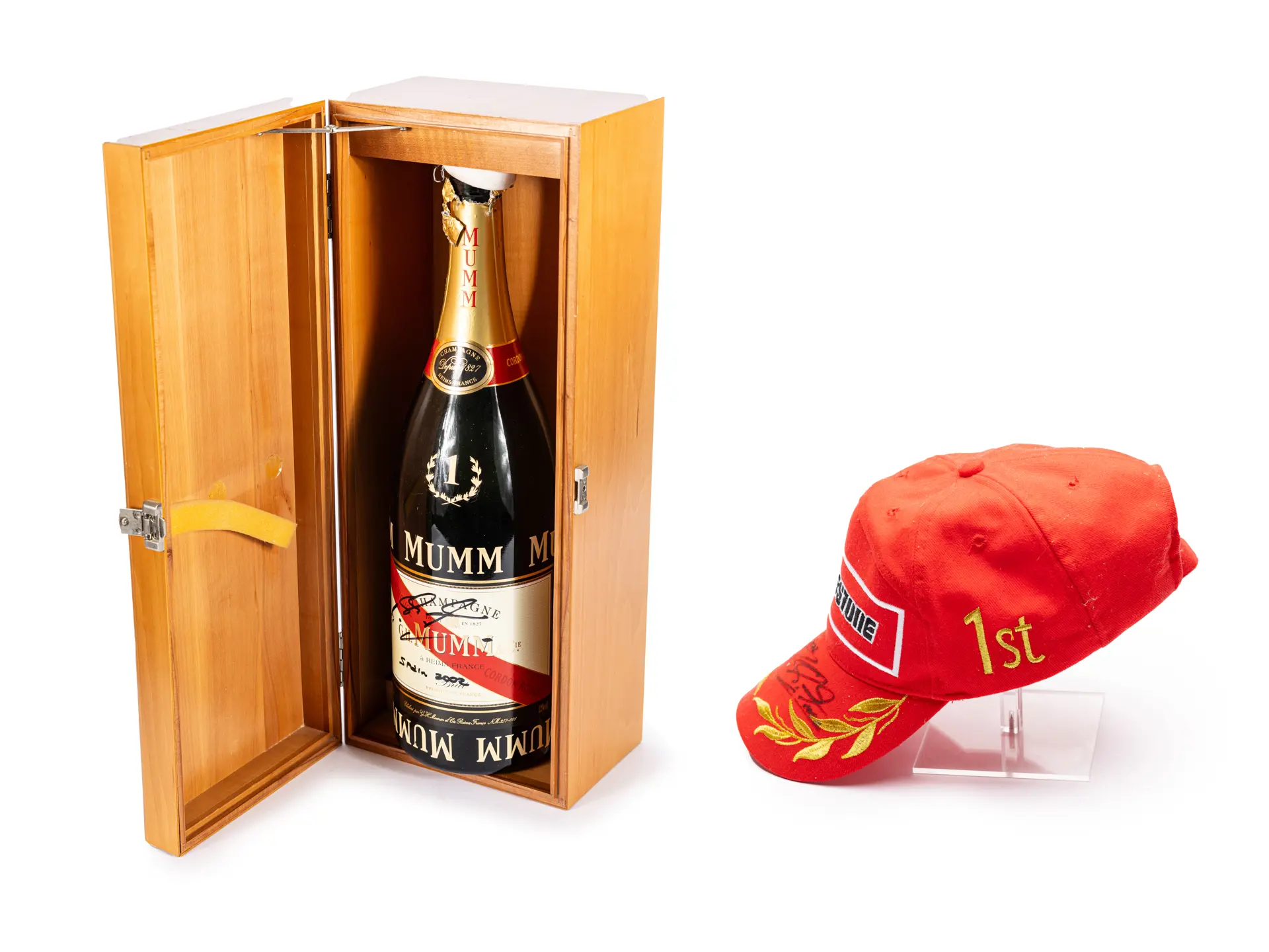 Jeroboam Mumm Formula 1 Signed Magnum with Display Case and Bridgestone ...
