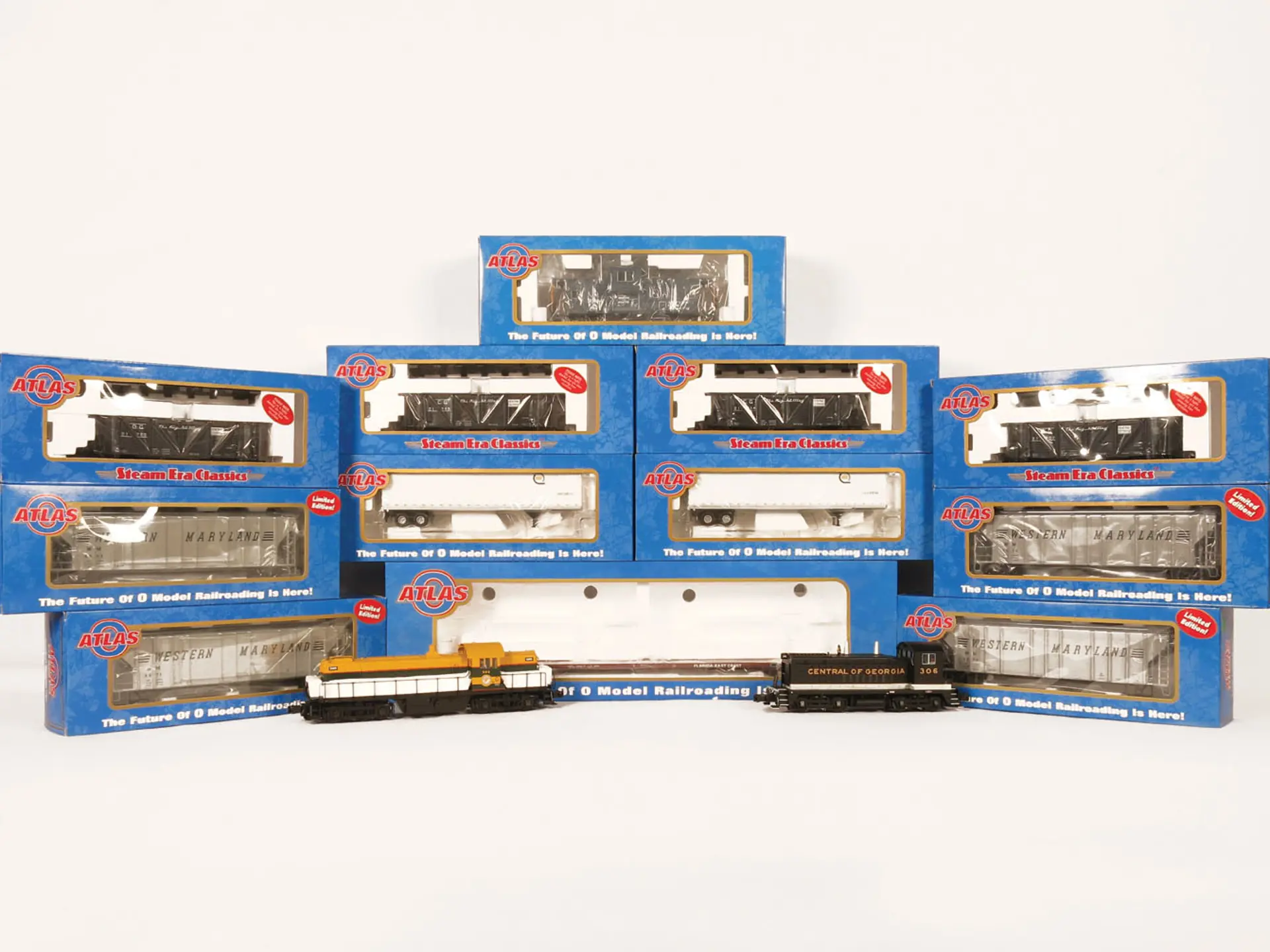 Two Atlas O Gauge Diesel Locomotives, Two Hopper Sets of Four, Set of ...