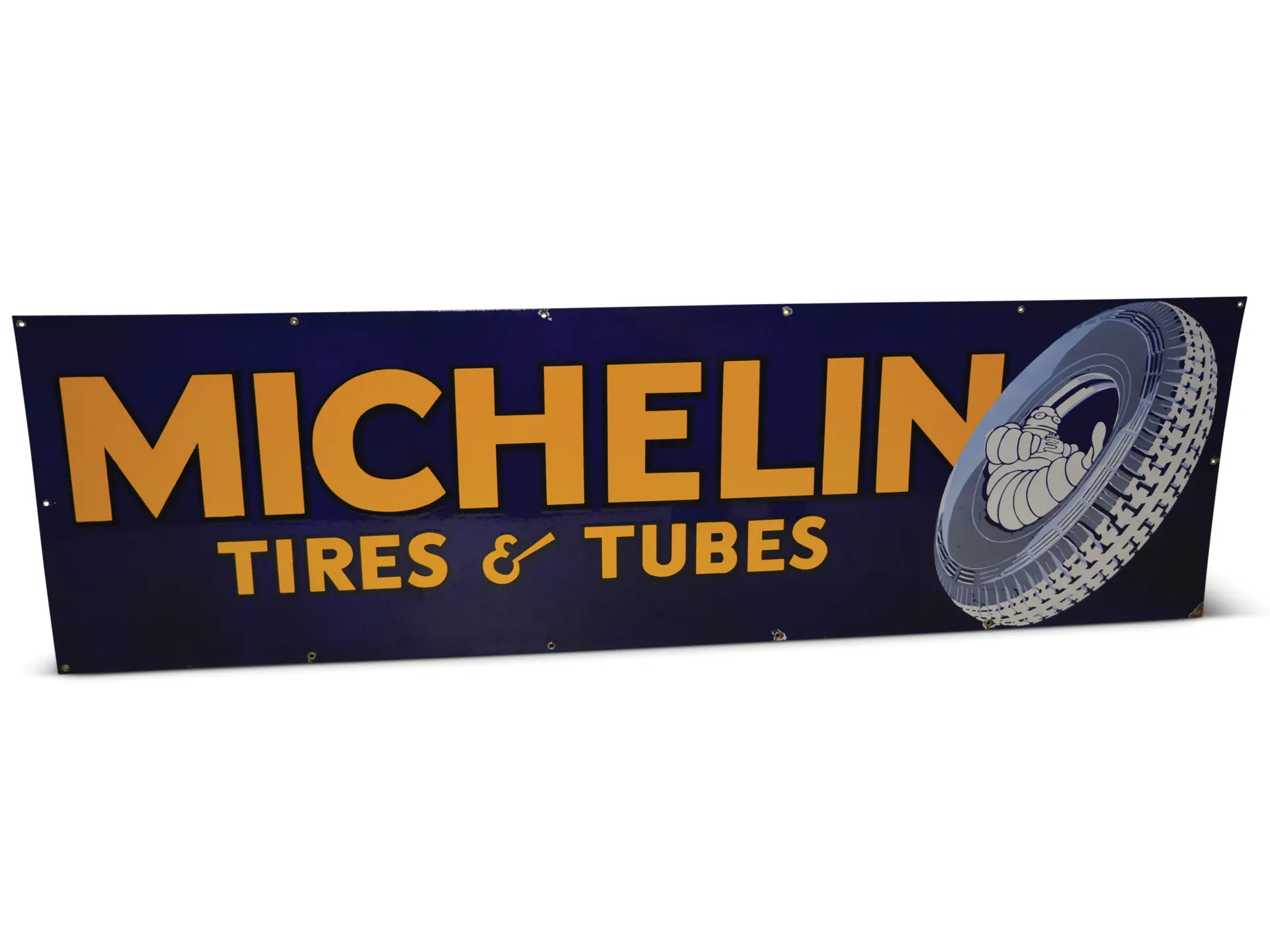 "Michelin Tires & Tubes" with Bibendum Sitting in a Tire Porcelain Sign ...