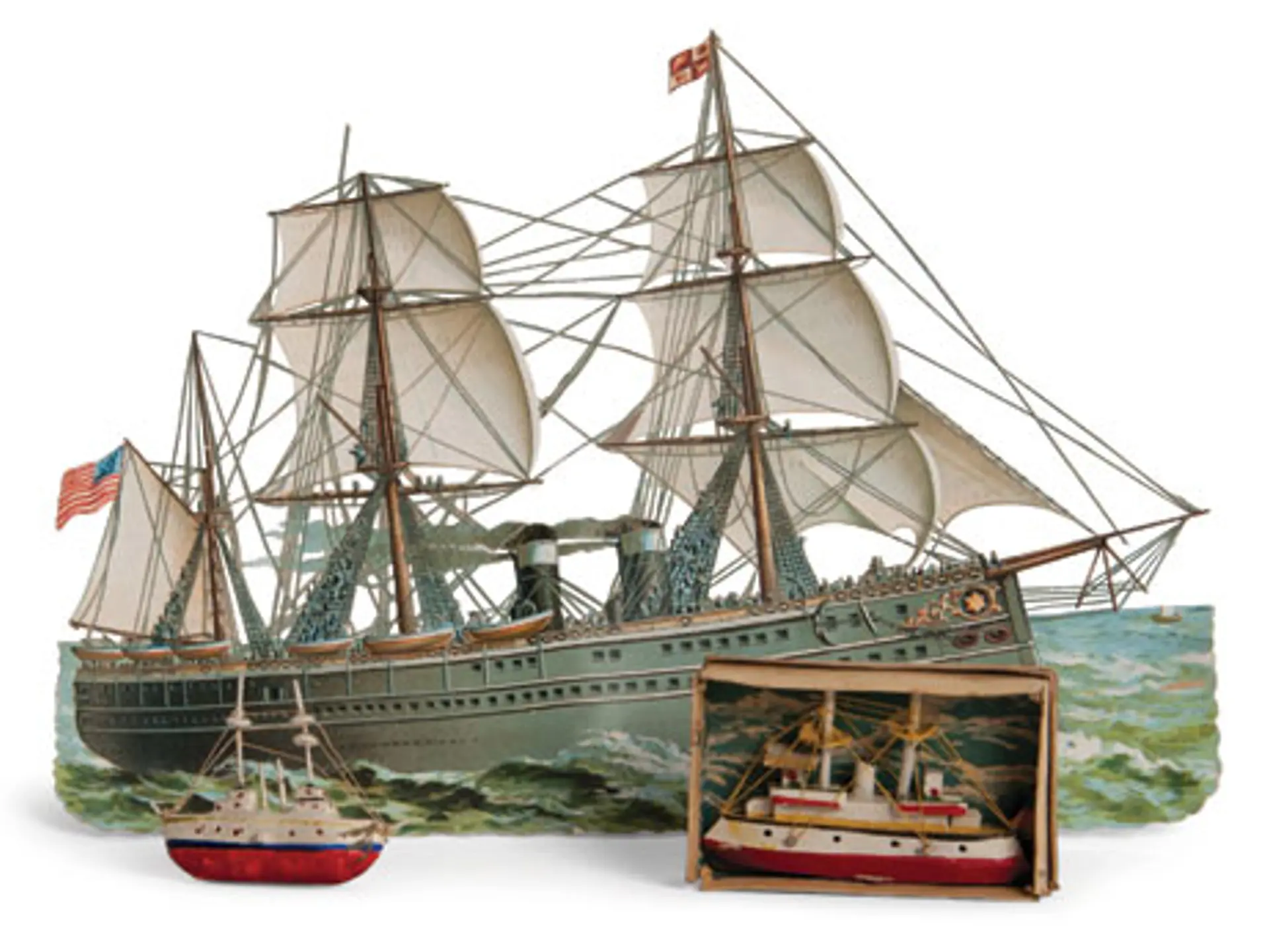 Two Small Hand Painted Warships and Intricate Die-Cut Ship (9" X 13 ...
